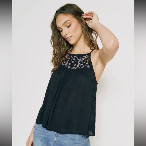 Mystree | Tops | Embroidered Flowy Cami Halter Top Black Racer Back ...